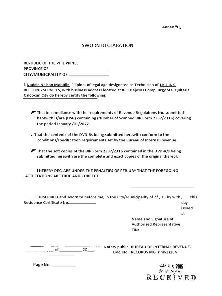Sworn Declaration from J.K.L Ink Refilling Services Technician ...