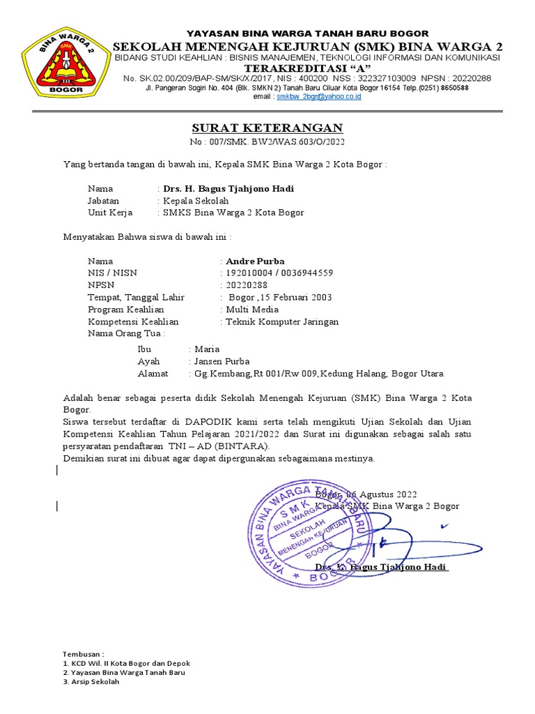 Surat Keterangan Daftar Bintara | PDF