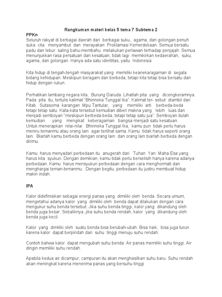 Rangkuman Materi Kelas 5A Tema 7 Subtema 2 | PDF