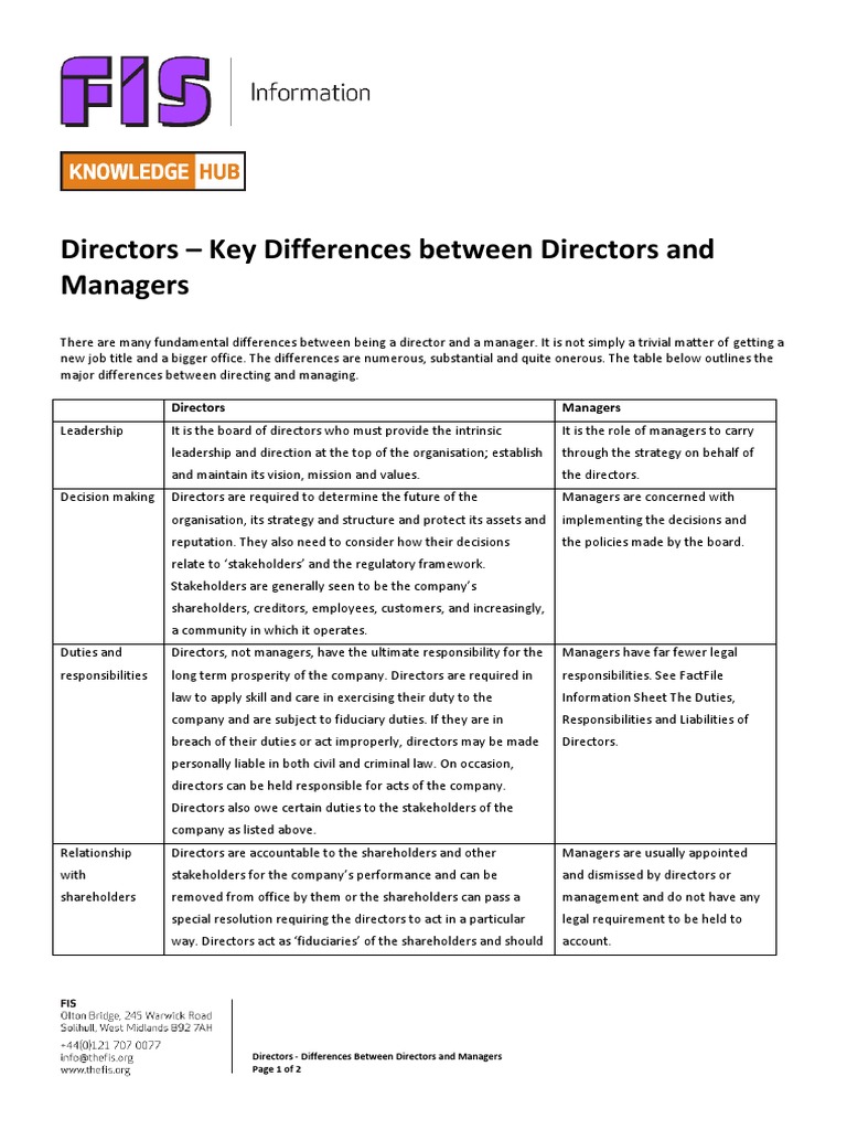 Directors Differences Between Directors and Managers | PDF | Legal ...