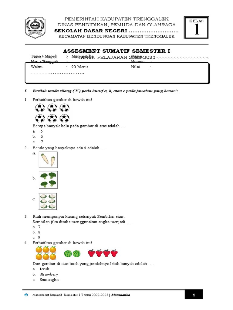 SOAL PTS Kelas 1 Matematika | PDF