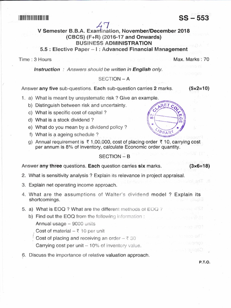 Bangalore University Previous Year Question Paper AFM 1 | PDF | Valuation (Finance) | Capital ...