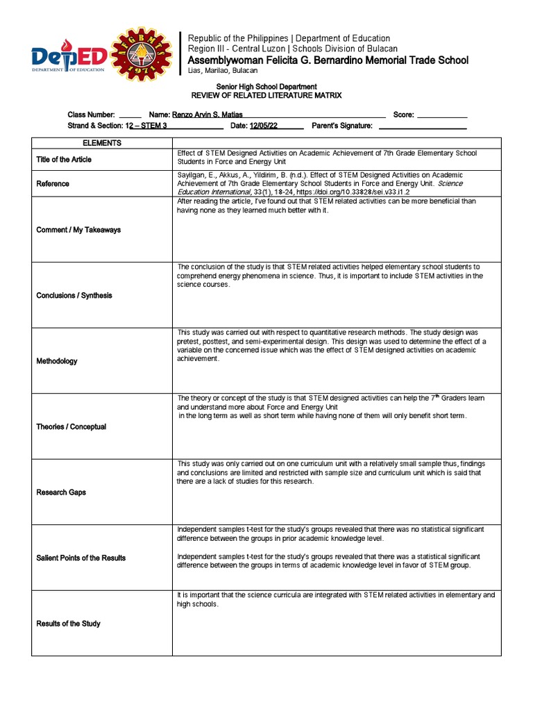 Review of Related Literature Matrix Template | PDF | Science ...