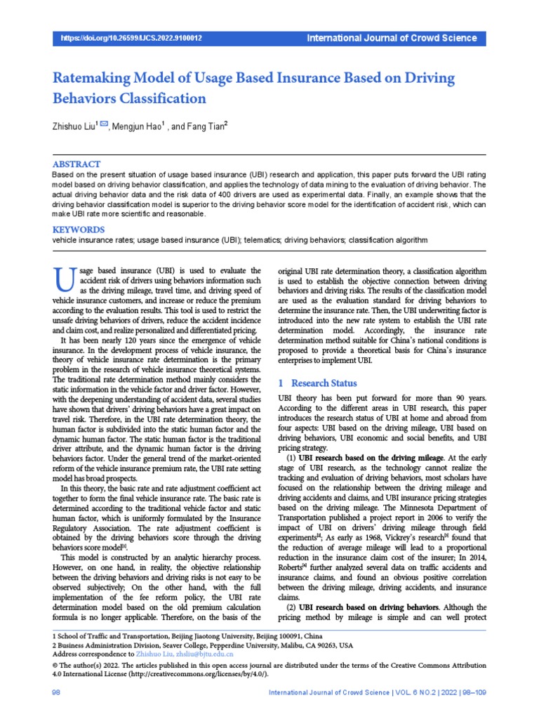 Ratemaking Model of Usage Based Insurance Based On Driving Behaviors ...