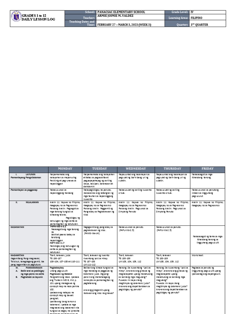DLL - Filipino 4 - Q3 - W3 | PDF