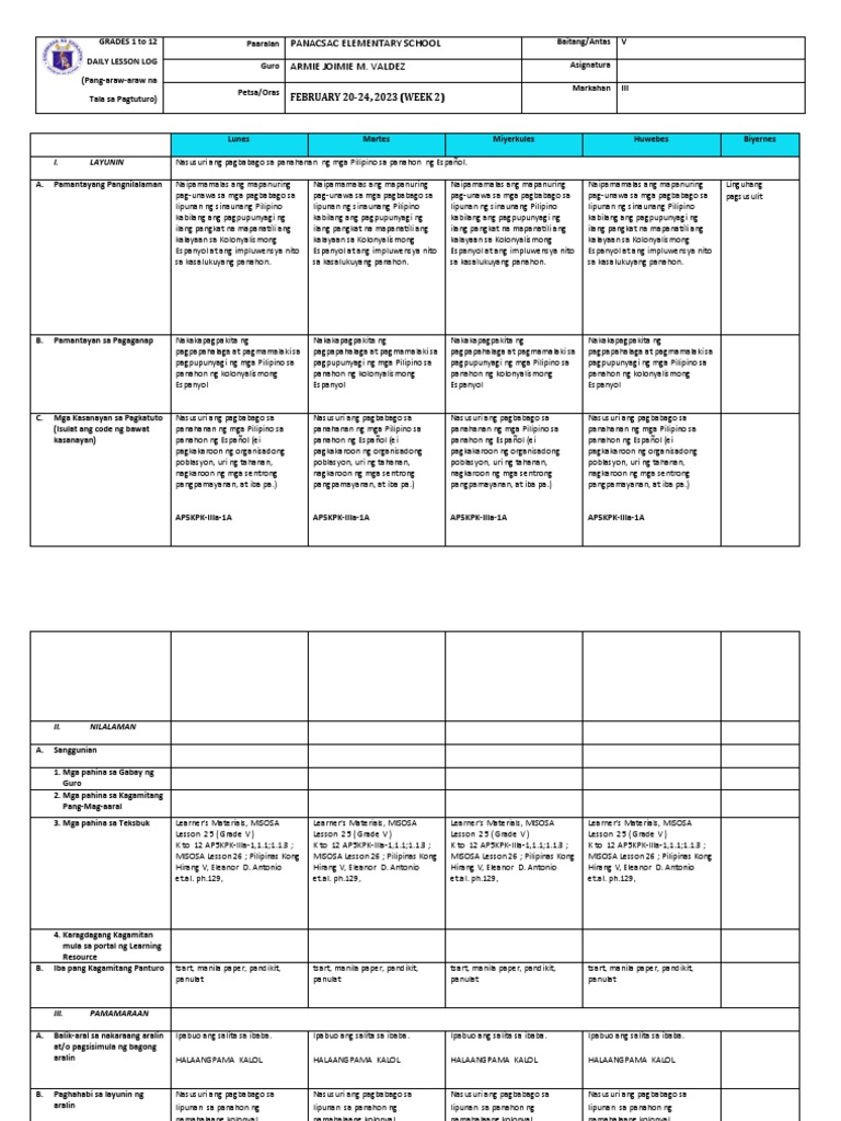 Grade 5 DLL Araling Panlipunan 5 Q3 Week 2 | PDF