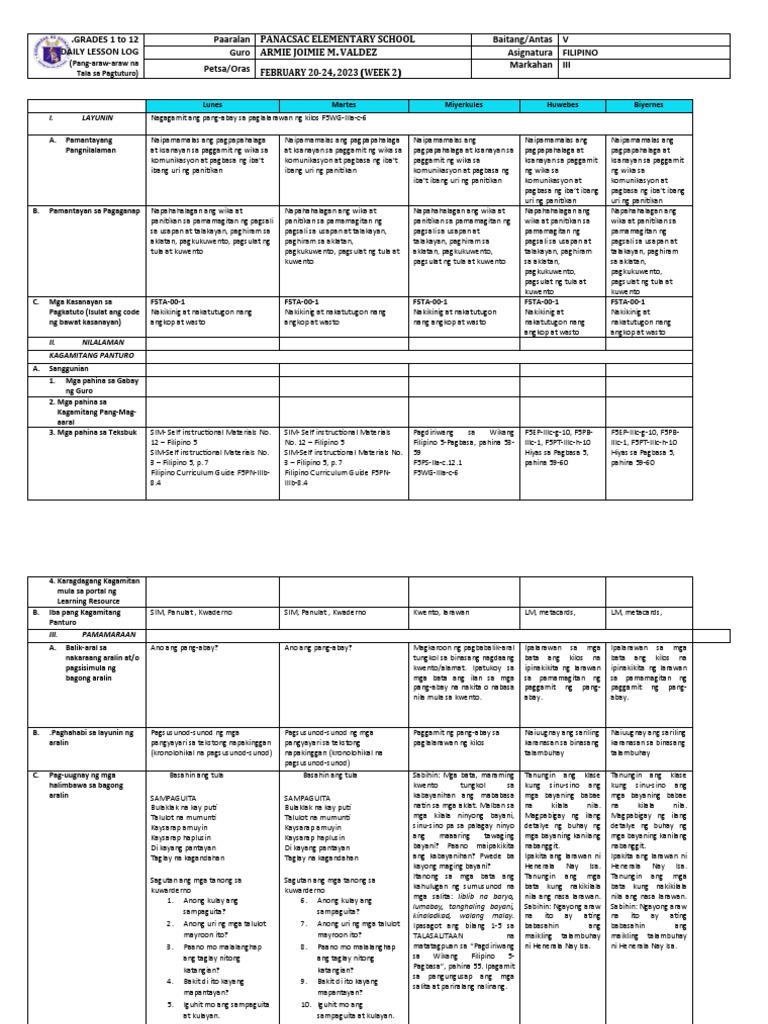 Grade 5 DLL FILIPINO 5 Q3 Week 2 | PDF
