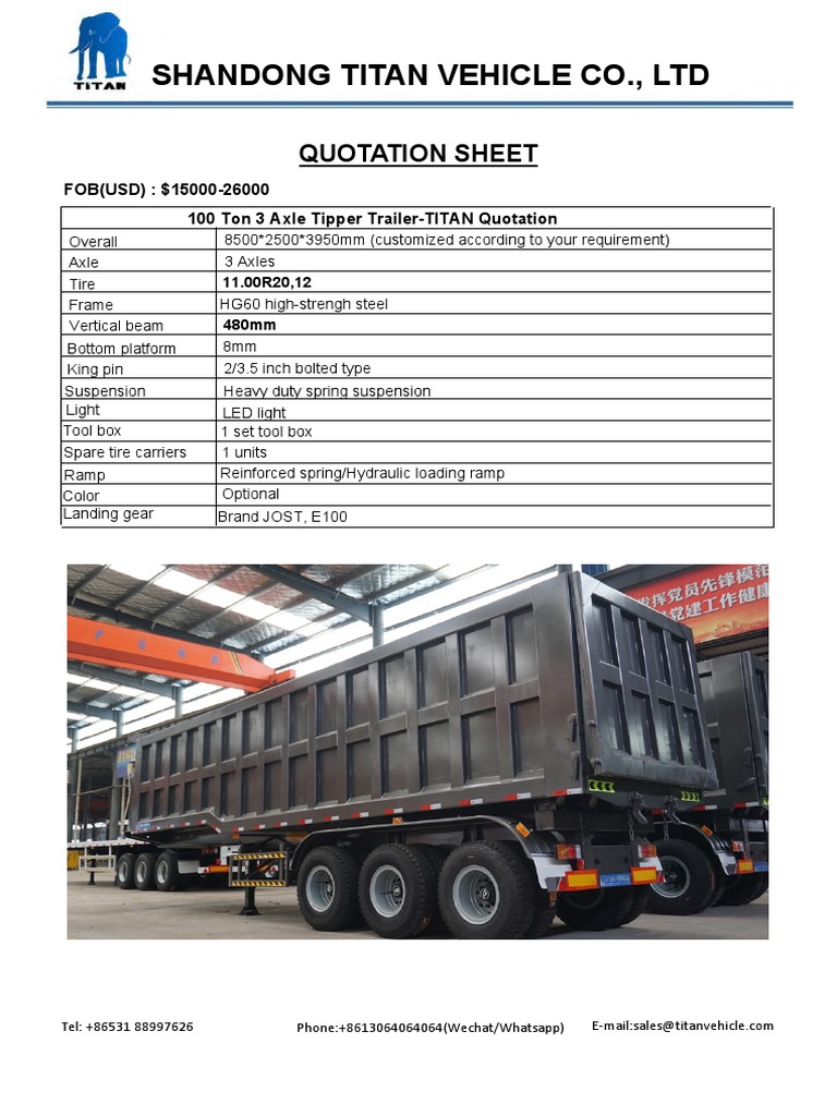 100 Ton 3 Axle Tipper Trailer-TITAN Quotation | PDF | Axle | Semi ...
