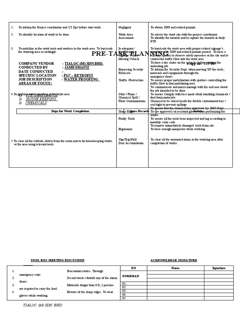 Pre-task planning for waterproofing works | PDF | Housekeeping ...