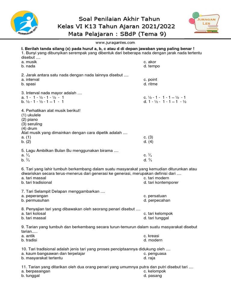 Soal Tematik Kelas 6 Tema 9 Mapel SBDP | PDF