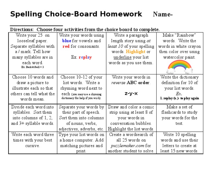 Spelling Choice Board Activities Guide | PDF | Foreign Language Studies ...