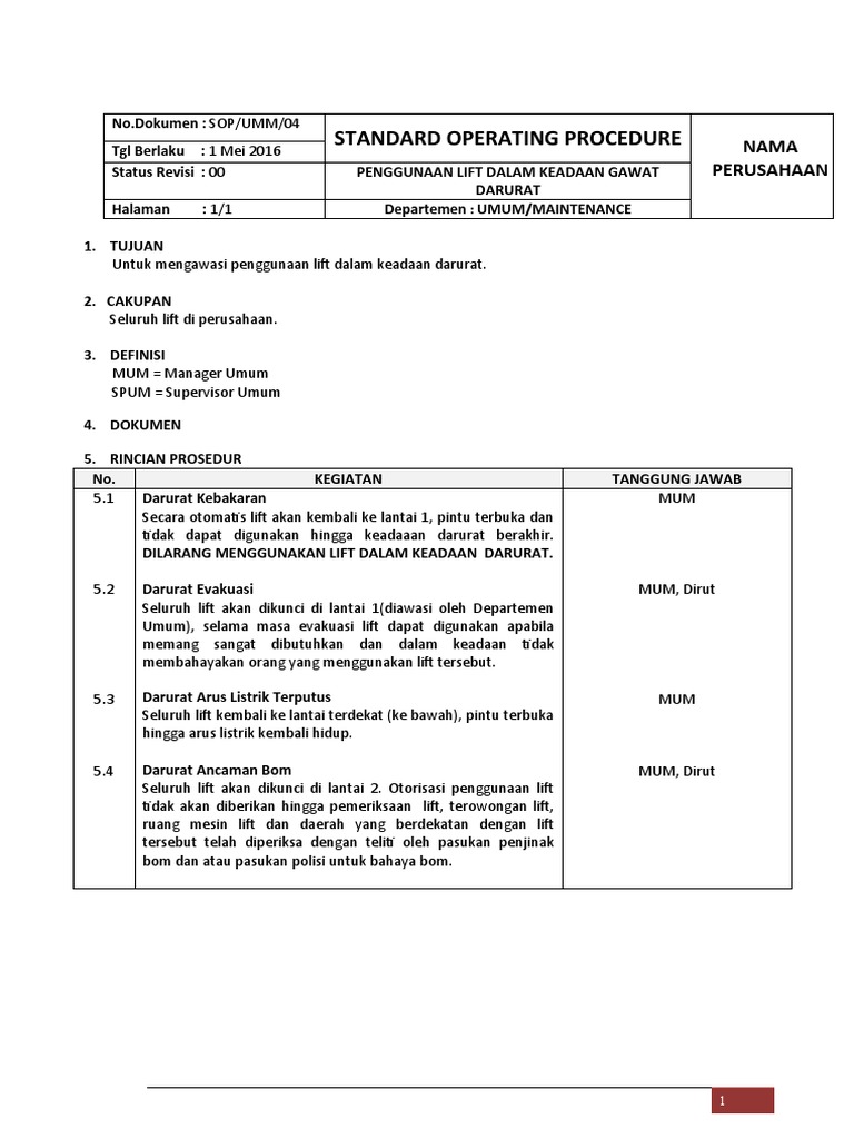 SOP Penggunaan Lift Dalam Keadaan Gawat Darurat | PDF