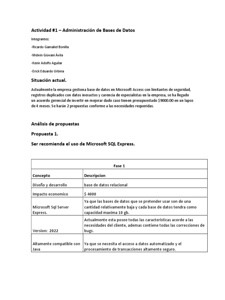 Propuestas Clase 1 Admin Base de Datos | Descargar gratis PDF | Mi sql | Bases de datos