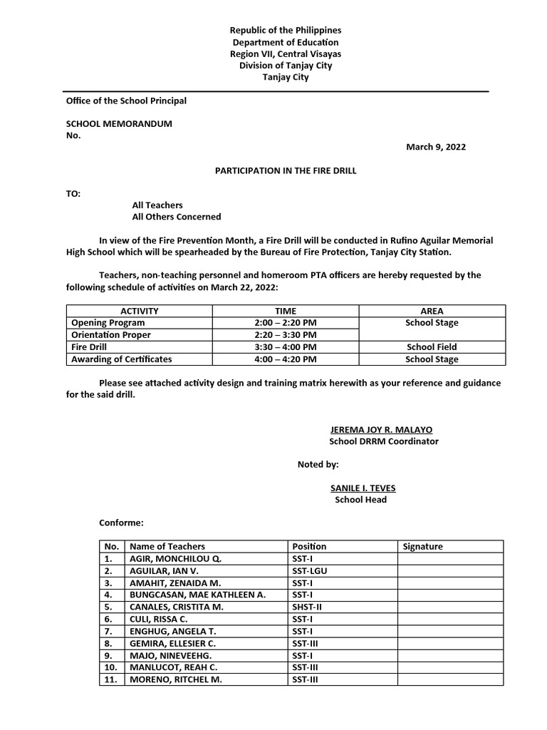Preparing for an Upcoming Fire Drill: A Memorandum from Rufino Aguilar ...