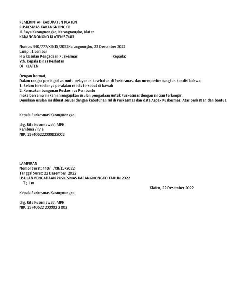 Format Surat Usulan Pengadaan Puskesmas | PDF
