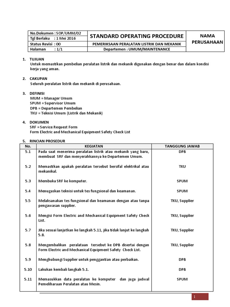 SOP Pemeriksaan Peralatan Listrik Dan Mekanik | PDF