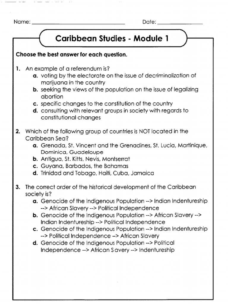 Caribbean Studies - Module 1 MCQs | PDF