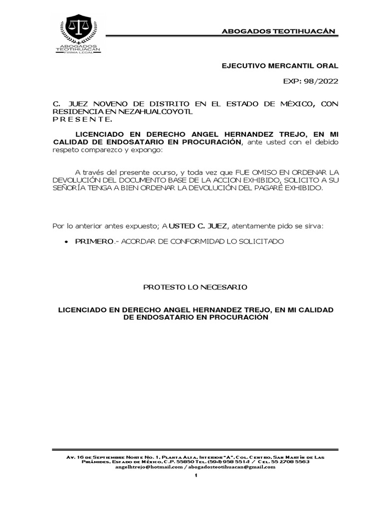Solicita Devolución de Documentos Via Equivocada Pagaré Juez de Distrito Neza | PDF