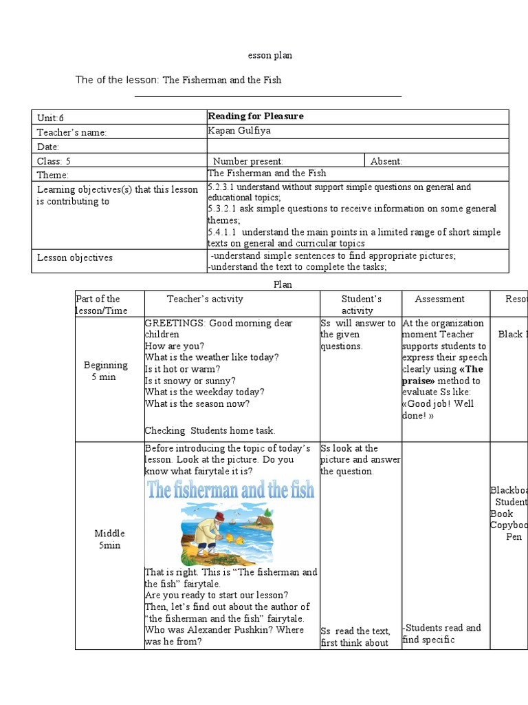 Lesson Plan: The Fisherman and the Fish | PDF | Lesson Plan | Learning