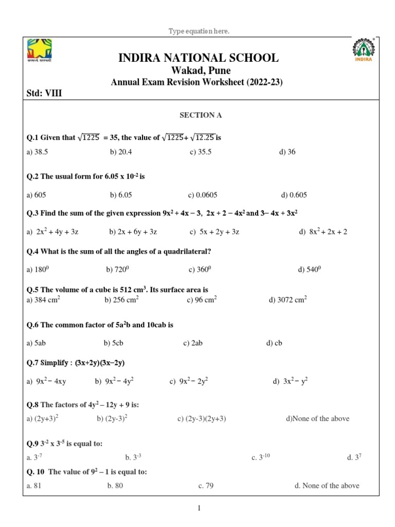 Grade 8 AE Revision Worksheet 2022-23 | PDF | Rectangle | Elementary ...