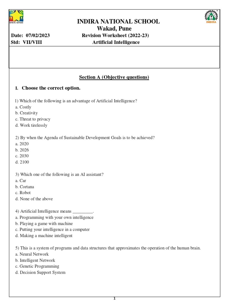 AI Worksheet Question Paper | PDF
