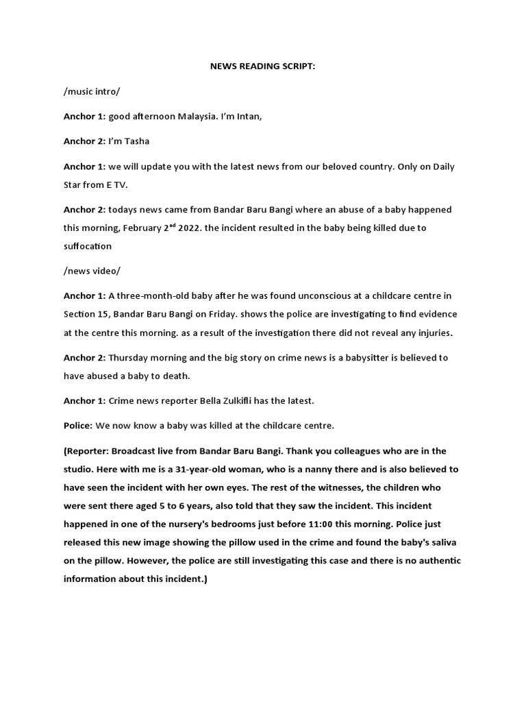News Reading Script | PDF | Social Science | Mystery, Thriller & Crime ...