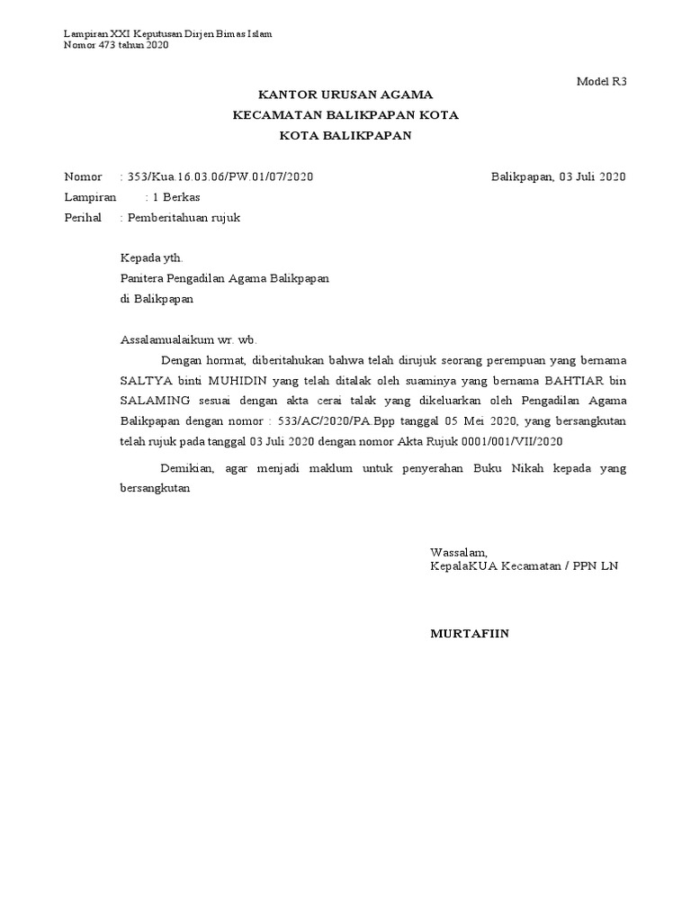 Pemberitahuan Rujuk Saltya dan Bahtiar | PDF