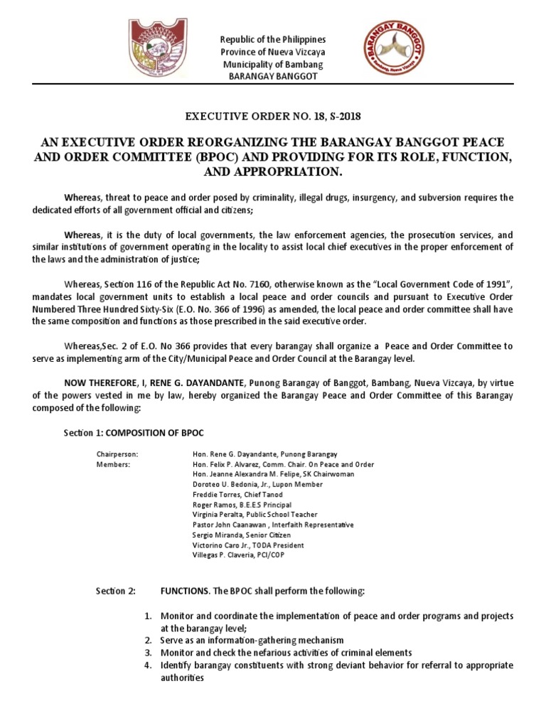 Reorganizing the Barangay Banggot Peace and Order Committee to ...