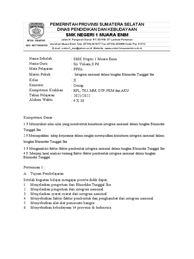 RPP PPKN Materi Integrasi Nasional DLM Bingkai Bhineka Tunggal Ika | PDF