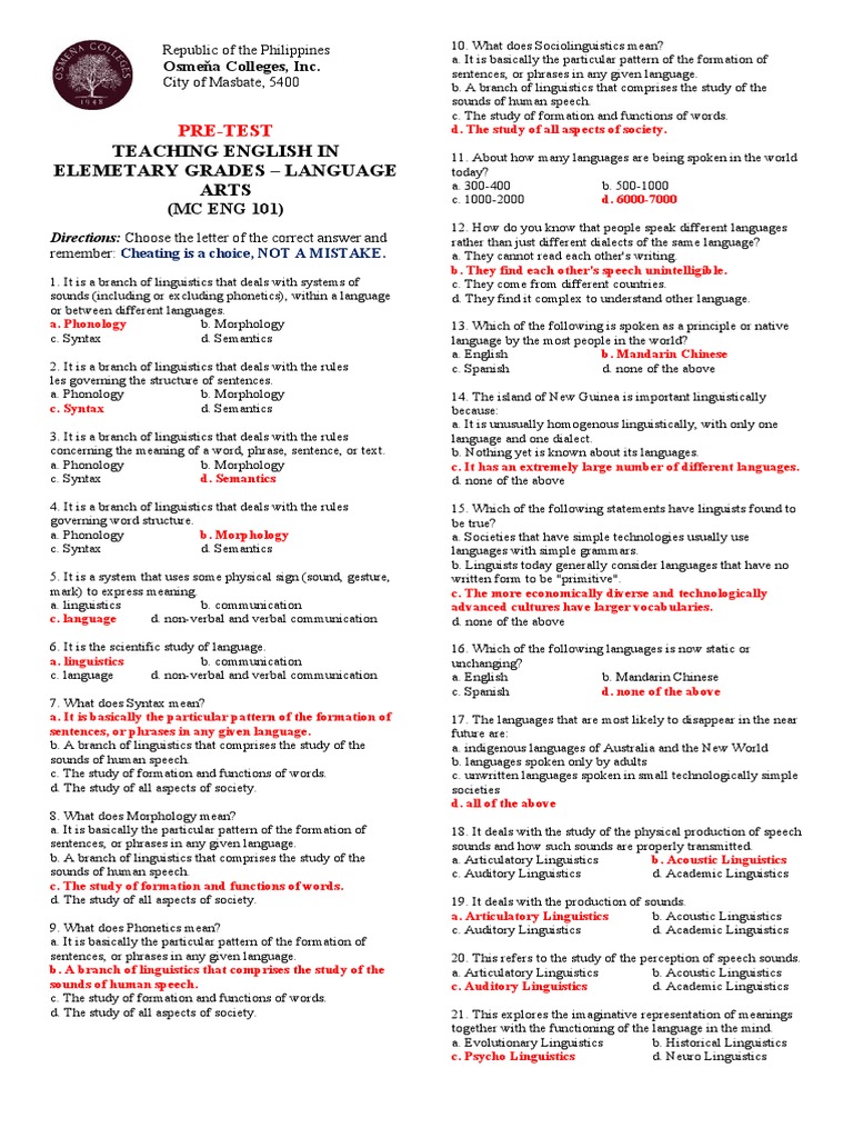 Elementary English Language Arts Pre-Test | PDF | Linguistics | Speech