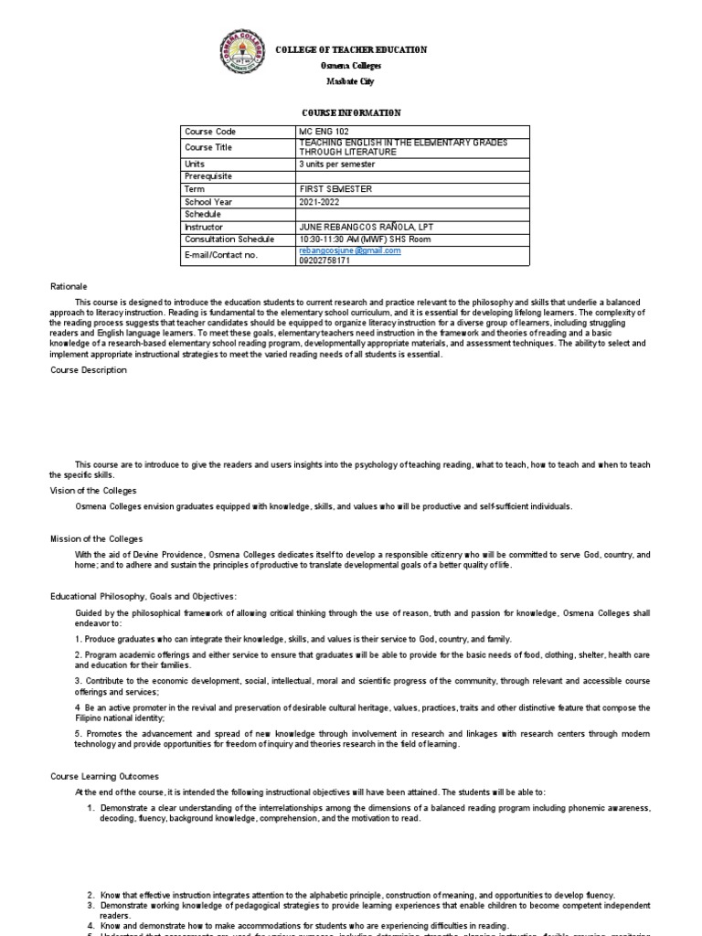 MC Eng 102 Syllabus | PDF | Reading Comprehension | Knowledge