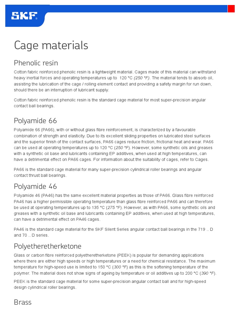 SKF Cage Materials | PDF | Bearing (Mechanical) | Lubricant