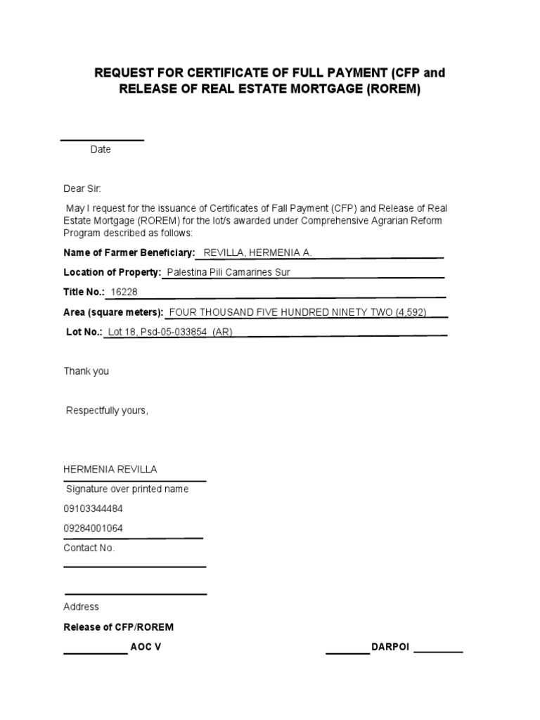 Request For Certificate of Full Payment | PDF