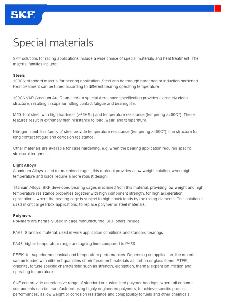 SKF Special Materials | PDF | Bearing (Mechanical) | Steel