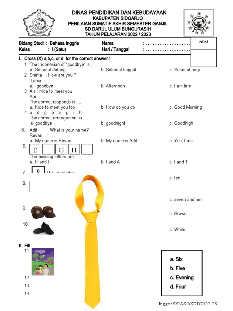 English Exam for Grade 1 Students | PDF