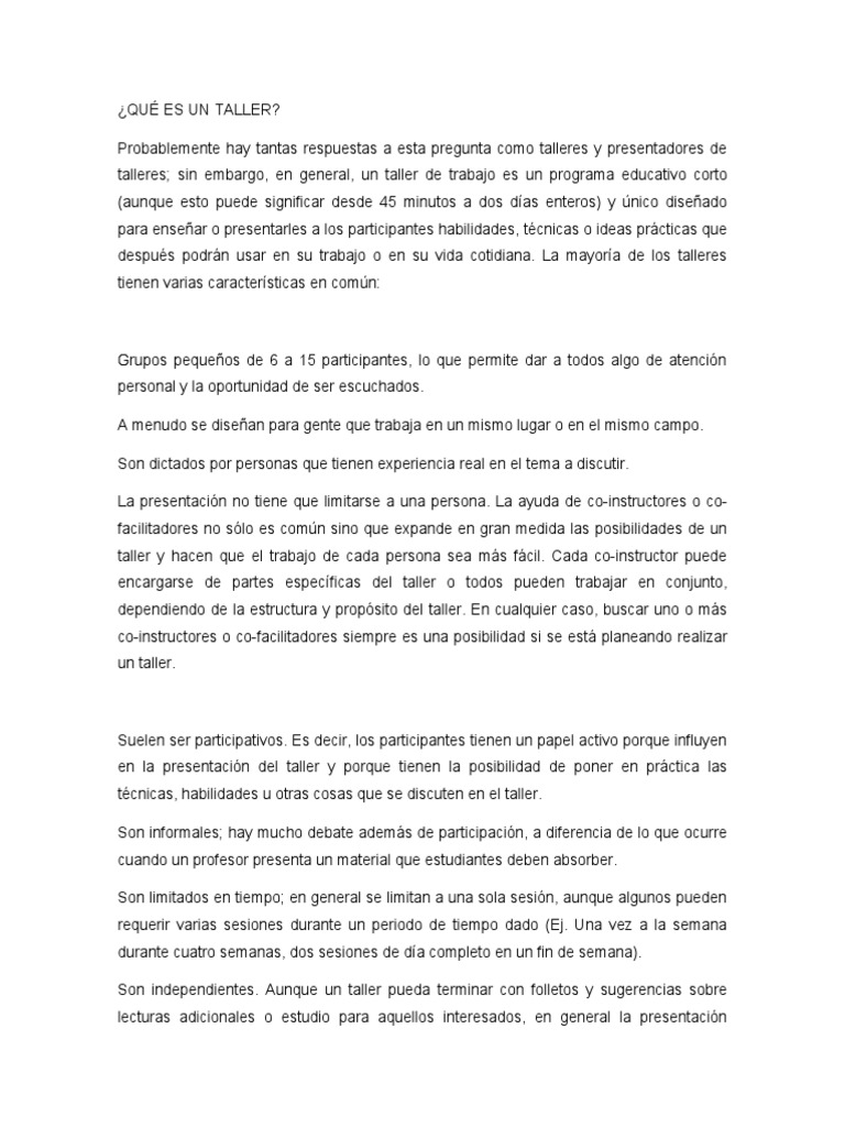 Qué Es Un Taller | PDF | Aprendizaje | Experiencia