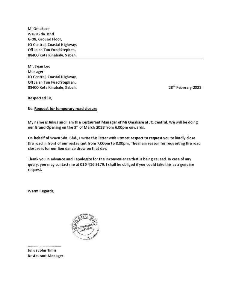 Request For Temporary Road Closure Letter | PDF