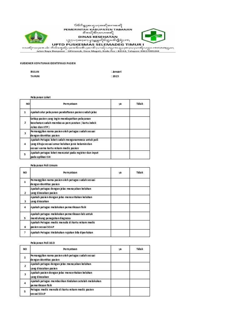 Kuisioner Kepatuhan Identifikasi Pasien | PDF