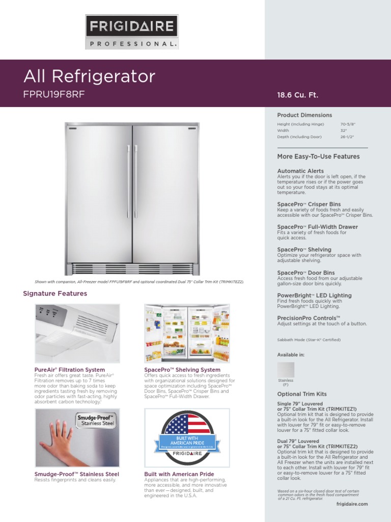 Specification Sheet FPRU19F8RF | PDF | Refrigerator | Door
