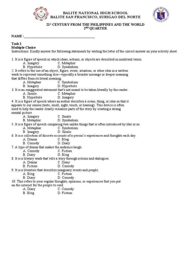21st Century Quarter 2 Quiz | PDF | Metaphor | Diary