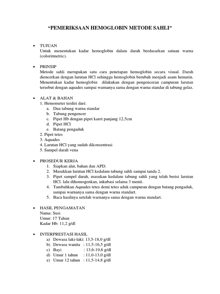 Pemeriksaan Hemoglobin Metode Sahli | PDF