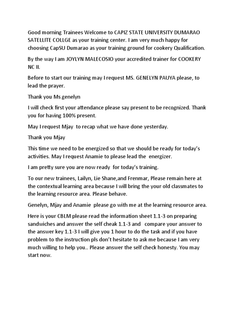 Script FLS TESDA | PDF | Educational Assessment | Cognition