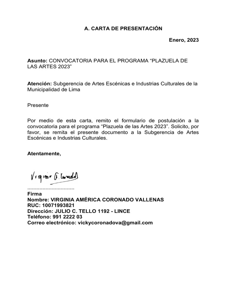 Carta Con Formulario Colectivo-Persona Natural Con Negocio - Plazuela ...