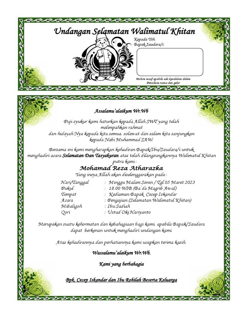 Undangan Selamatan Walimatul Khitan | PDF