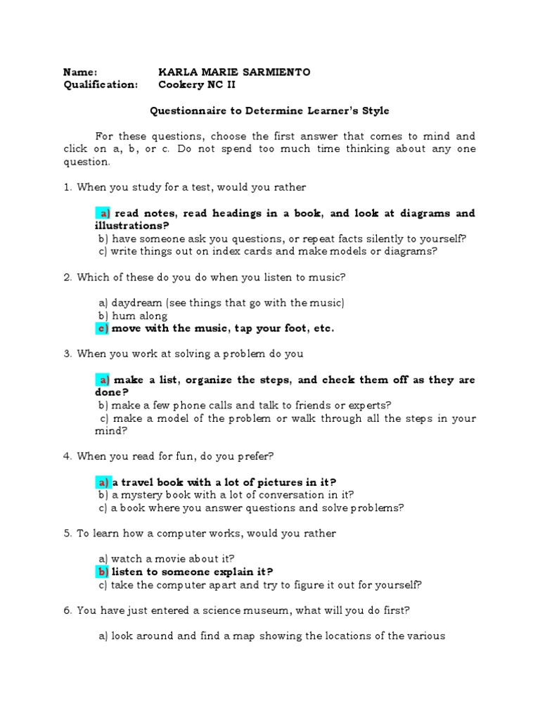 Learning Style Questionnaire for Students | PDF | Learning Styles ...