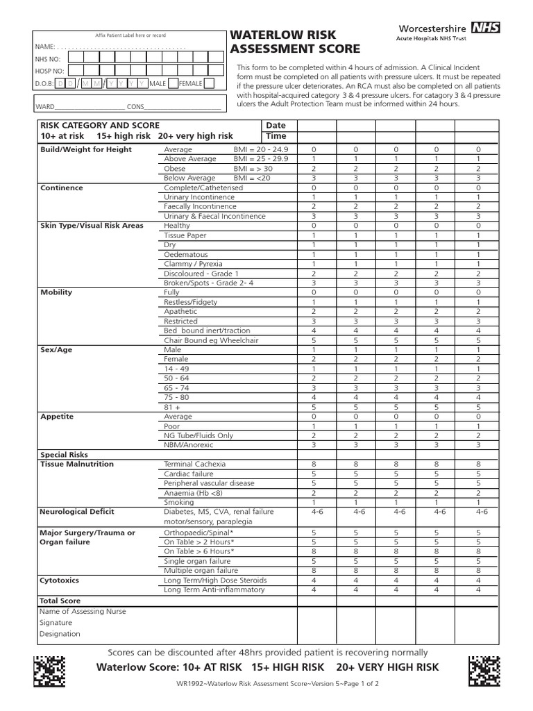 Waterlow Pressure Ulcer Assessment Tool | PDF | Urinary Incontinence ...