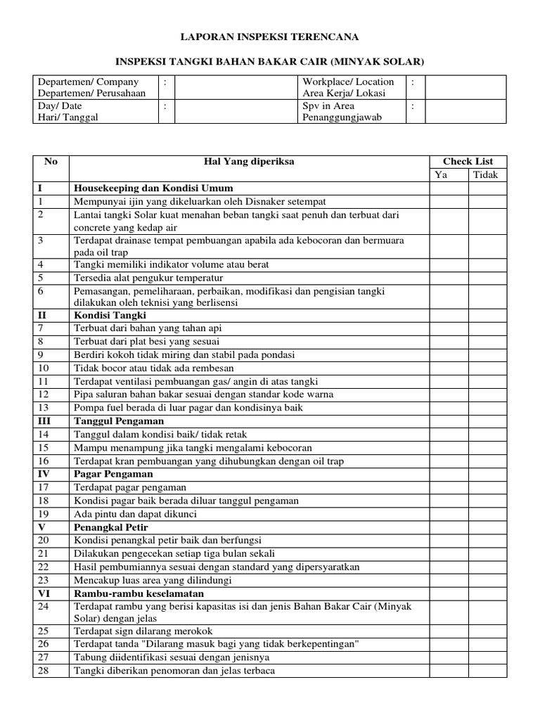 Inspeksi Tangki Solar: Checklist Standar | PDF