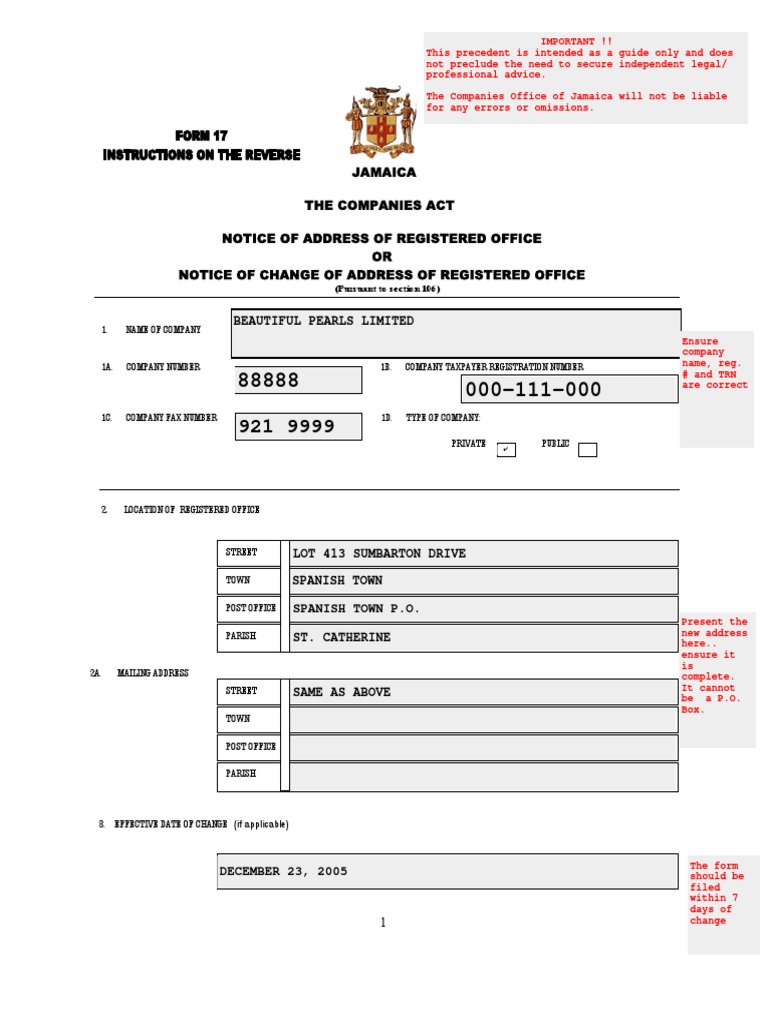 Form 17 (Precedent) NOTICE OF CHANGE OF REGISTERED OFFICE ADDRESS | PDF ...