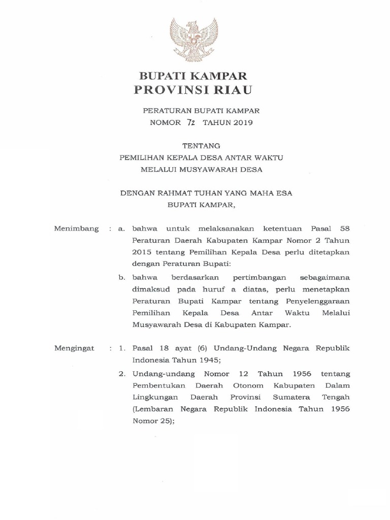 Perbup No 72 Tahun 2019 Tentang Pilkades Paw | PDF