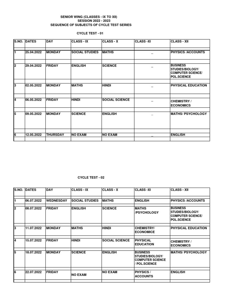 Senior Classes Test Schedule | PDF | Science | Mathematics